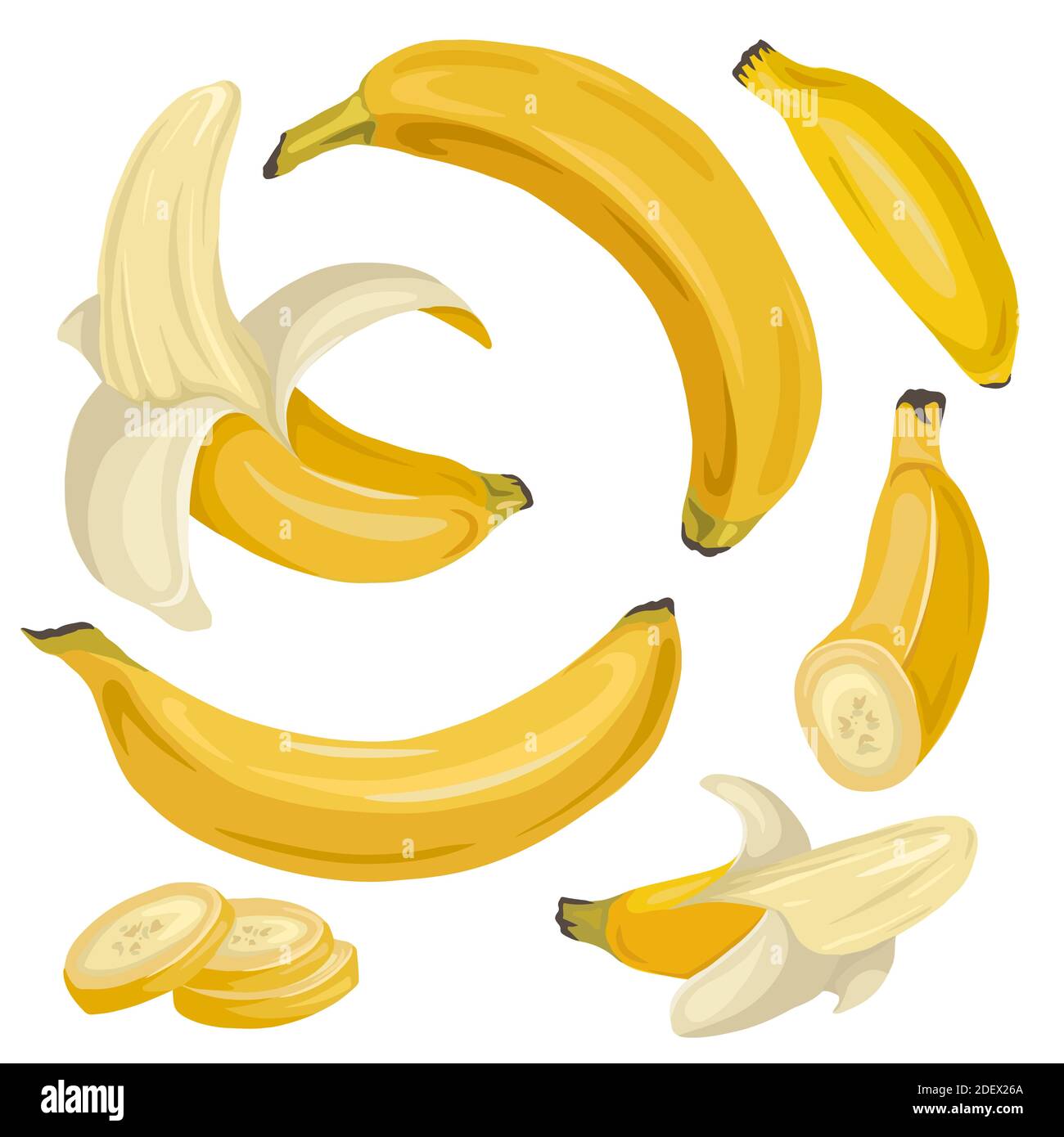 Set of various cartoon bananas. Whole, ripe, banana slices. A tropical ...
