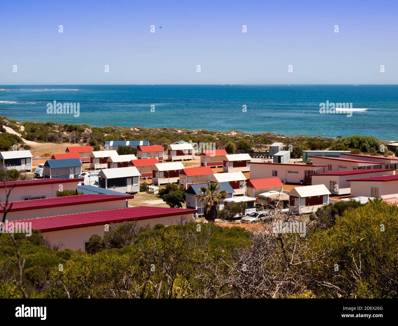 Indian Ocean waves breaking behind holiday park, Dongara, Western ...
