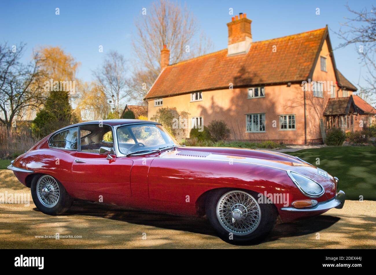 Classic red 1960's e-type jaguar car with 4.2 litre engine Stock Photo ...