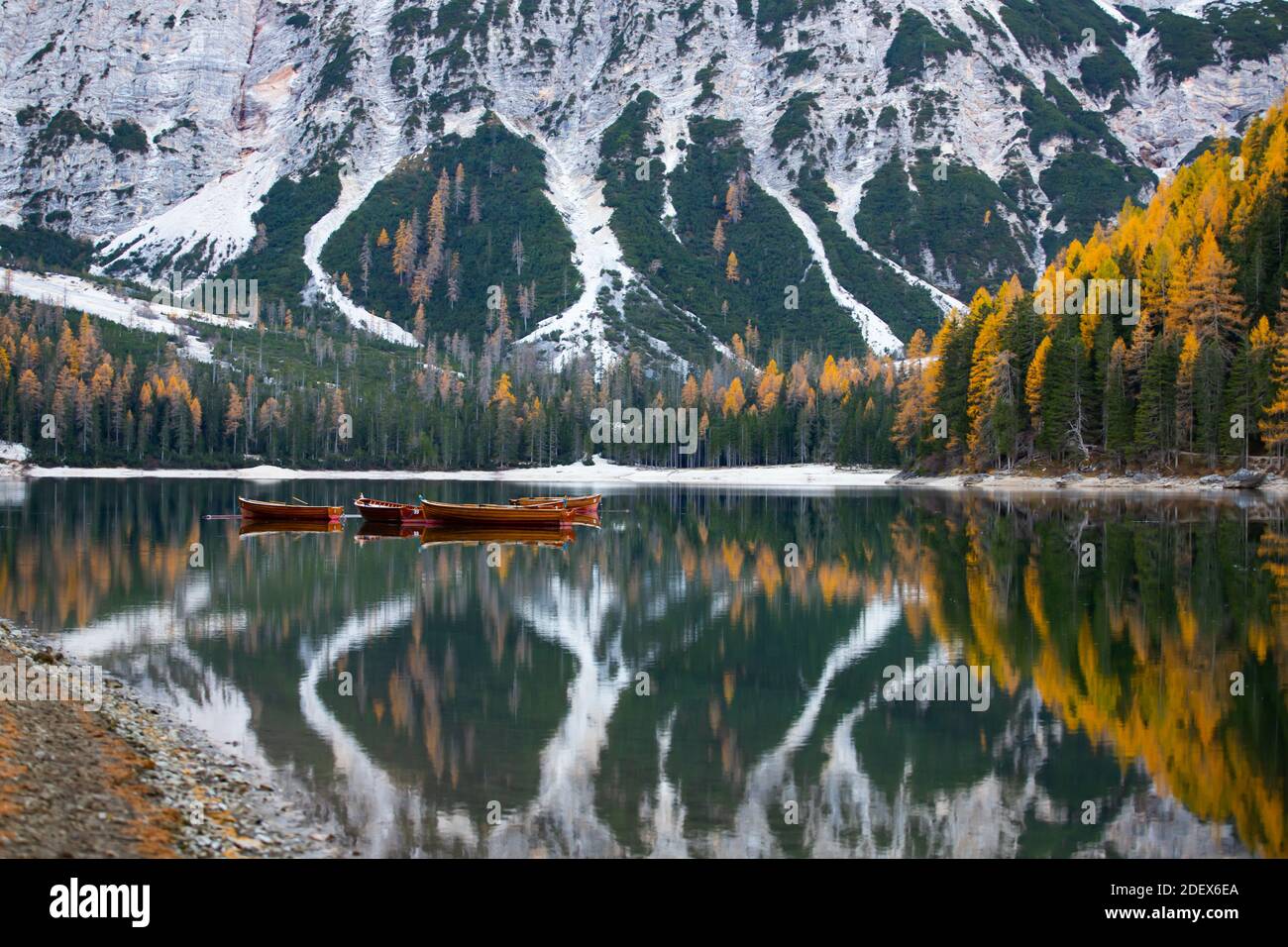 Amazing view of Lago di Braies, one of the most beautiful lake in South ...