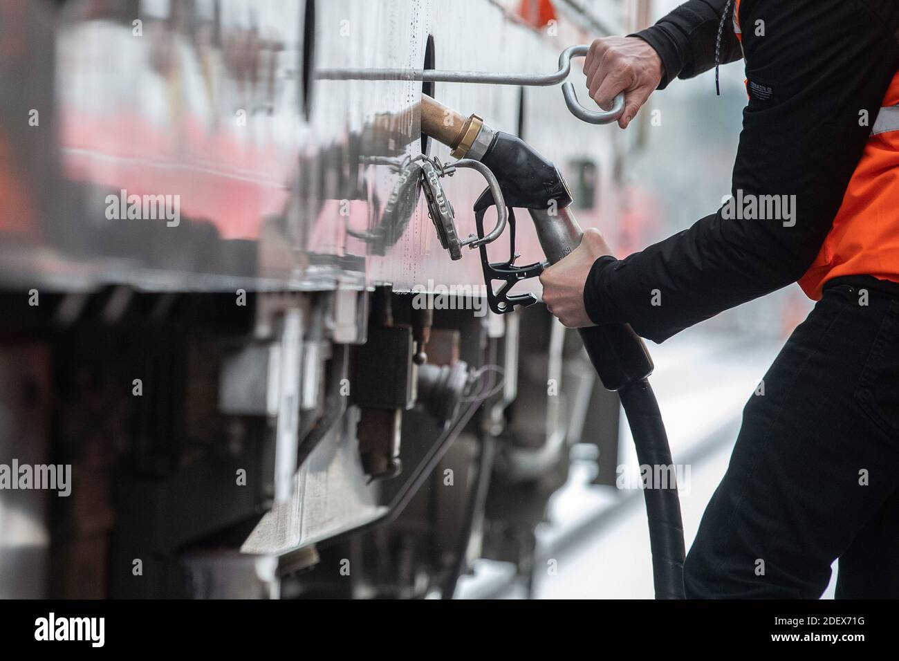 Ulm, Germany. 01st Dec, 2020. A locomotive is refuelled with diesel ...