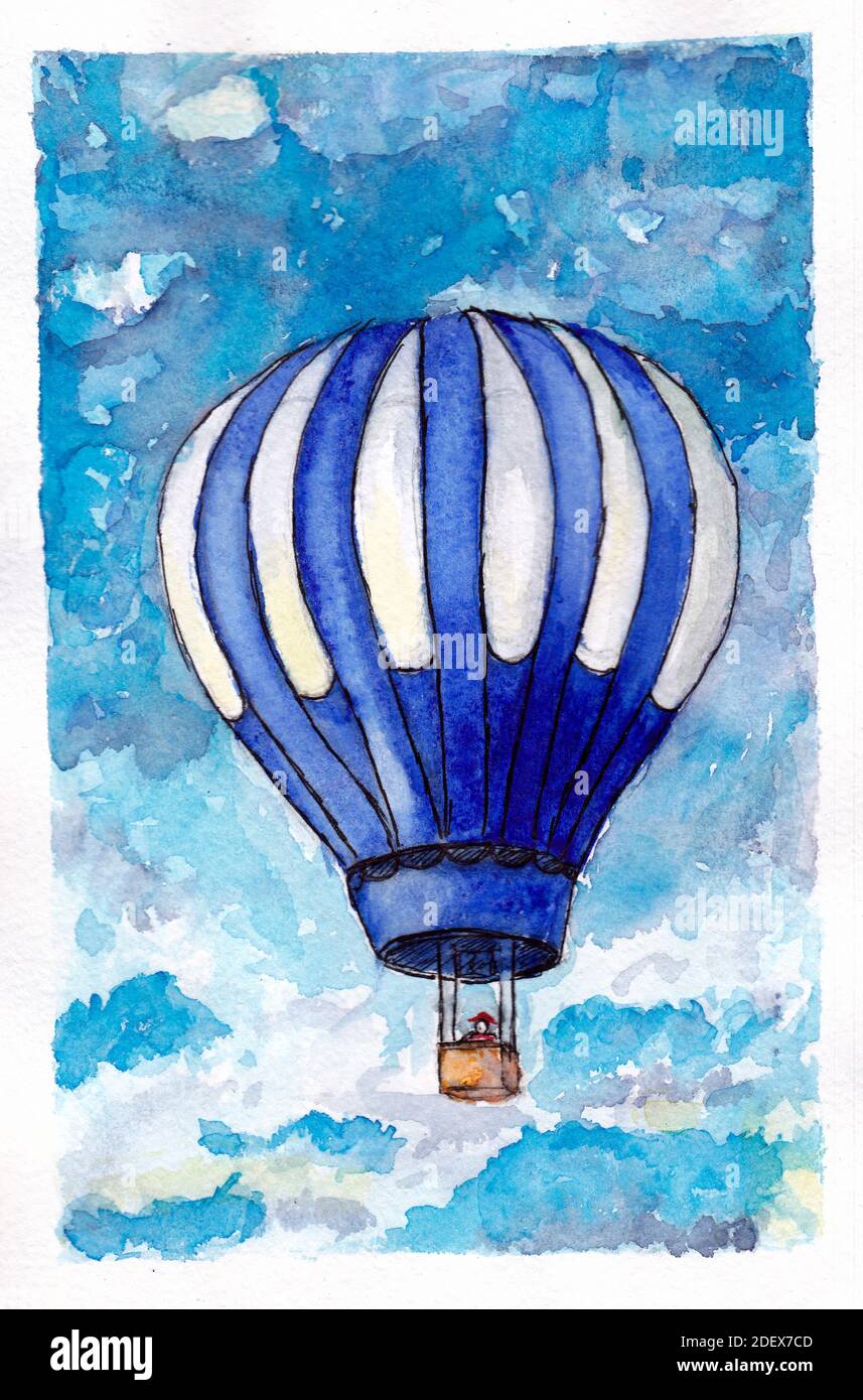 Blue hot air balloon watercolor illustration. Freehand drawing on ...