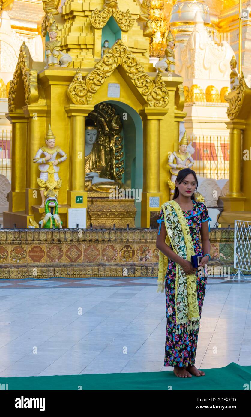 Attractive pretty young woman visitor at Shwedagon Pagoda, Yangon ...
