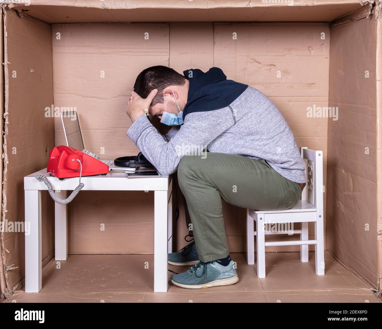 employee works from his own cardboard office to isolate himself from ...