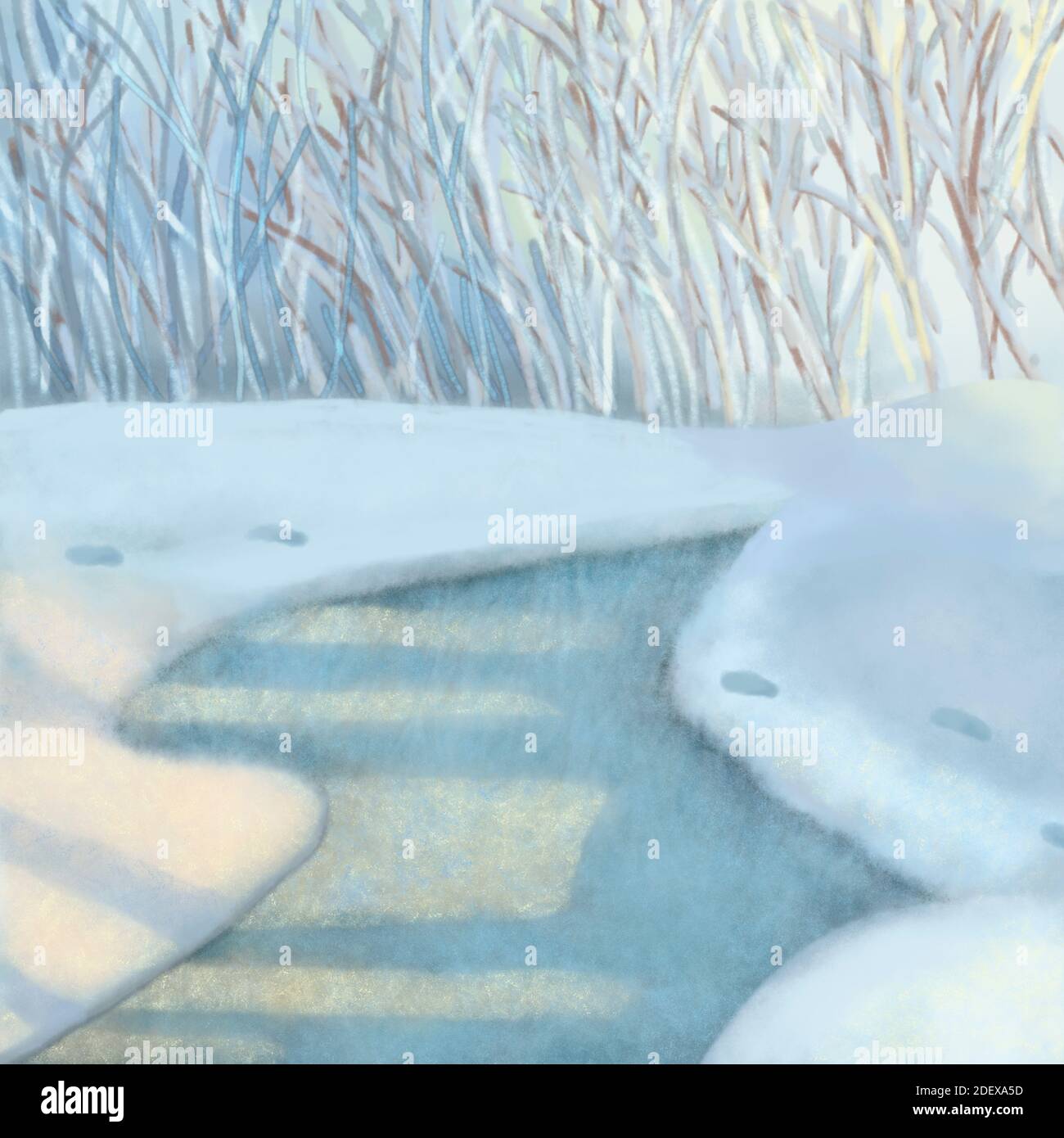 Watercolor illustration of a winter landscape of a forest and a frozen ...