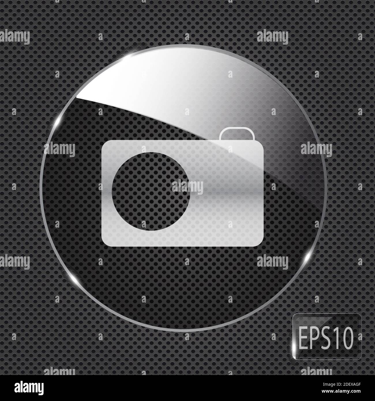 Glass photo button icon on metal background. illustration Stock Photo ...