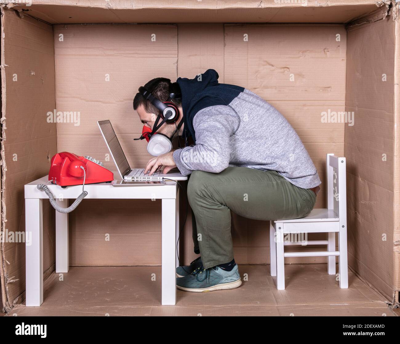 employee works from his own cardboard office to isolate himself from ...