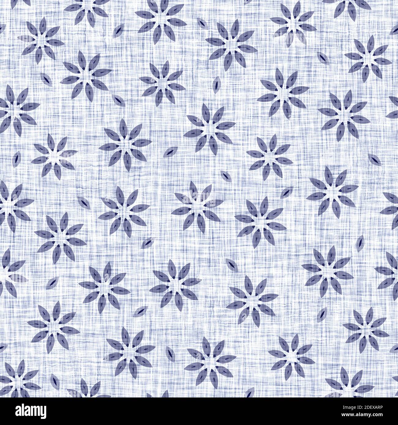 Indigo blue flower block print dyed linen texture background. Seamless ...