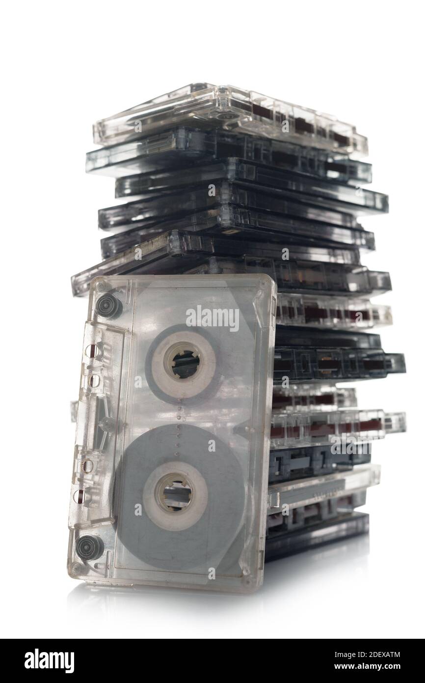 Collection of music cassettes stack isolated on white background Stock ...