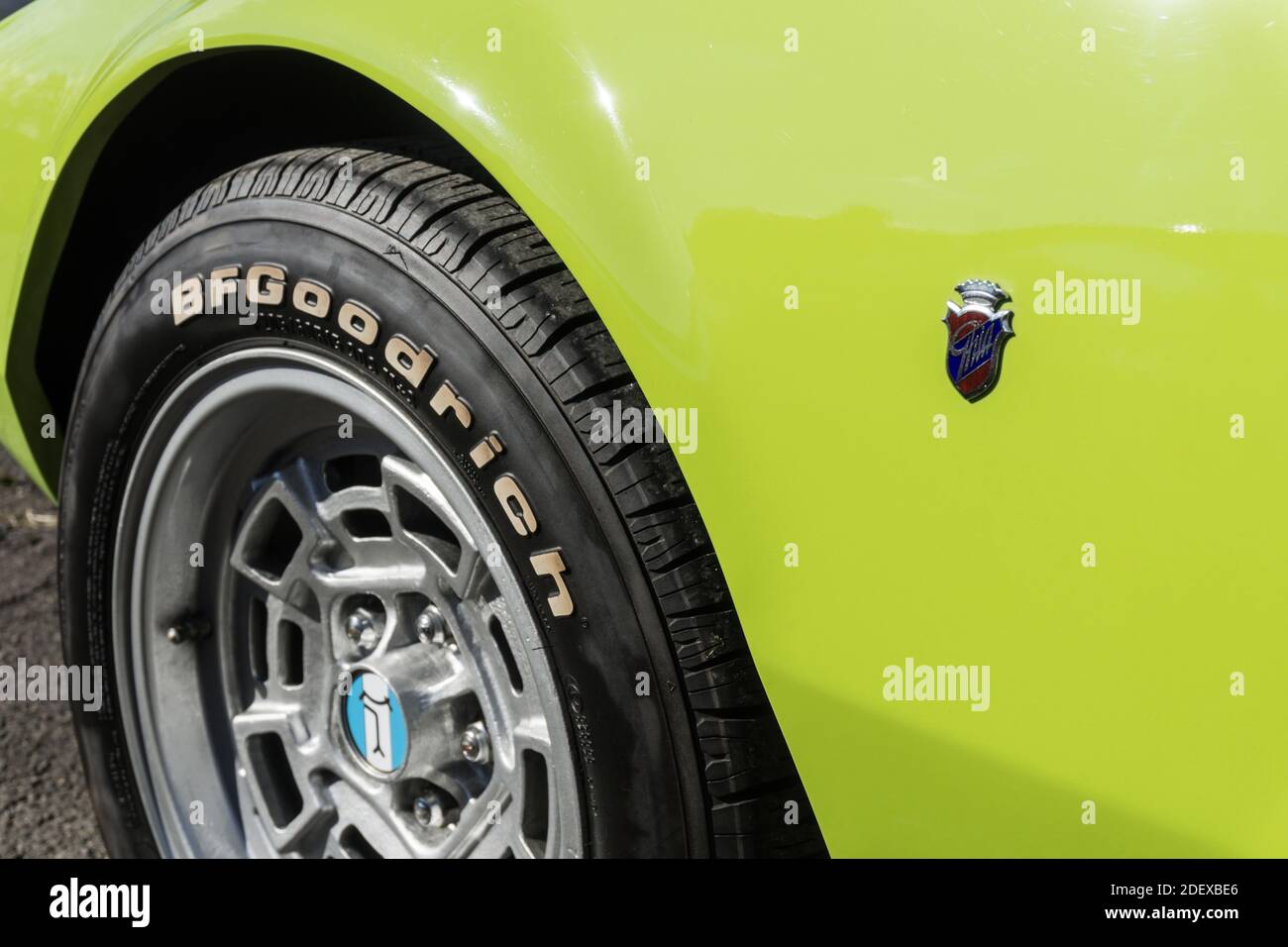 Close up of the Campagnolo rear rim and BF Goodrich tyre on a lime ...