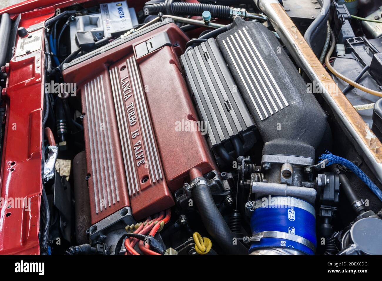Close up of the turbocharged 16-valve 2-litre engine in a red Lancia ...
