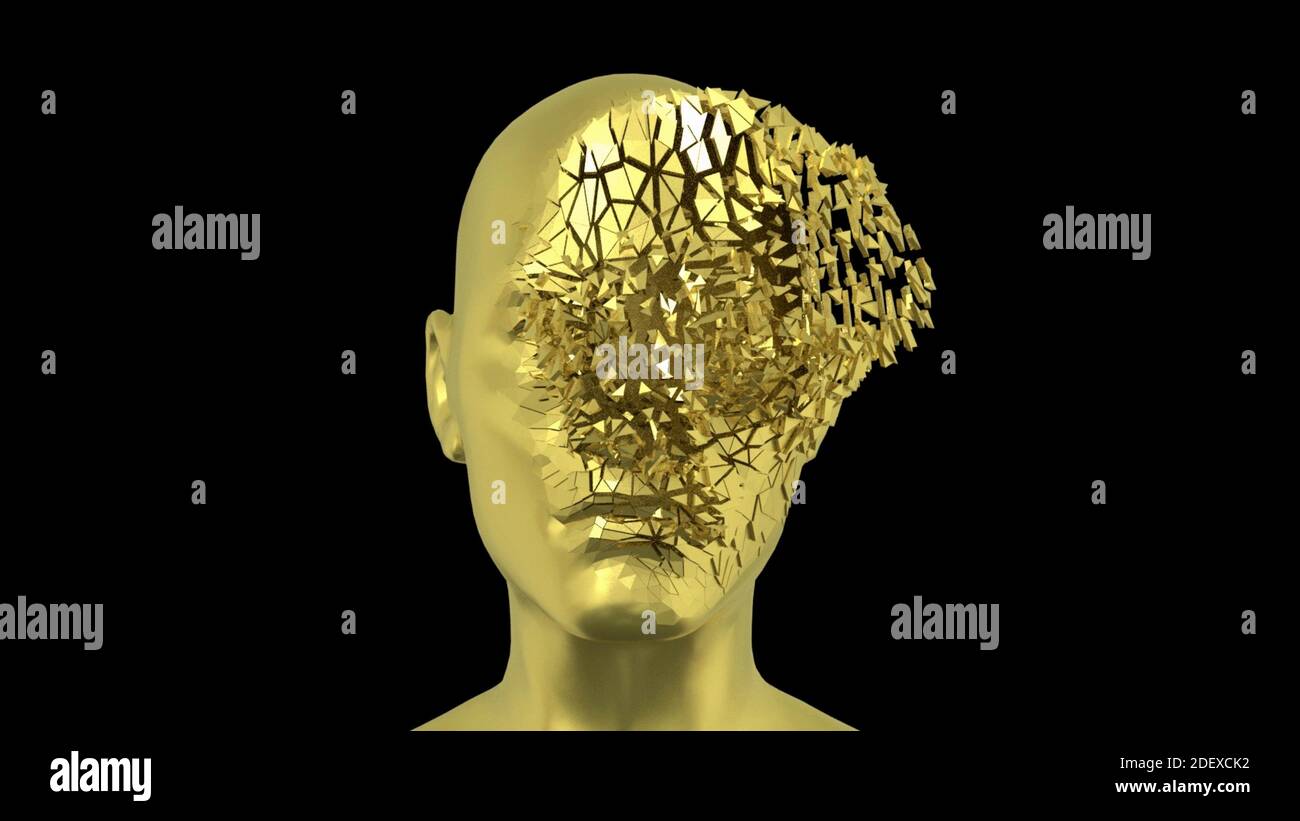Abstract Human Head scattering into pieces, Golden face or sculpture ...