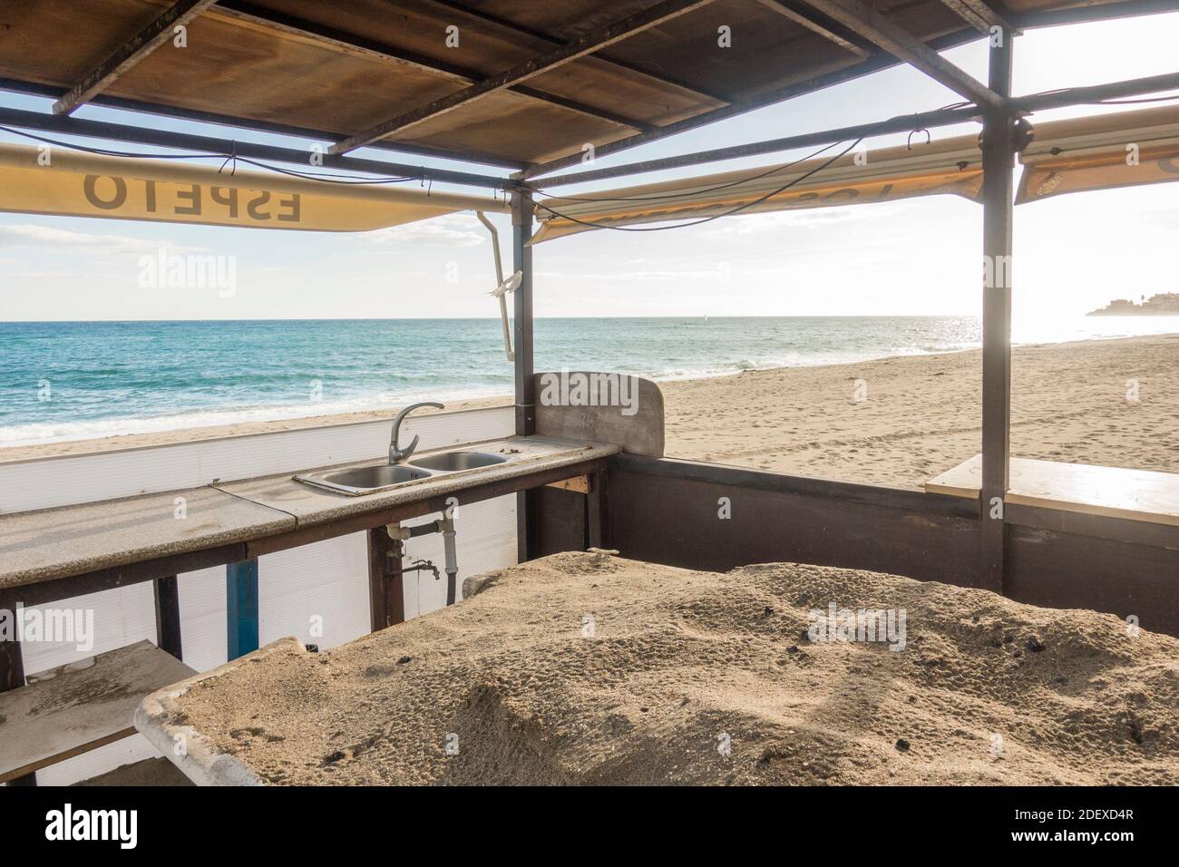 Interior of an empty Mediterranean Beach bar restaurant closed during ...