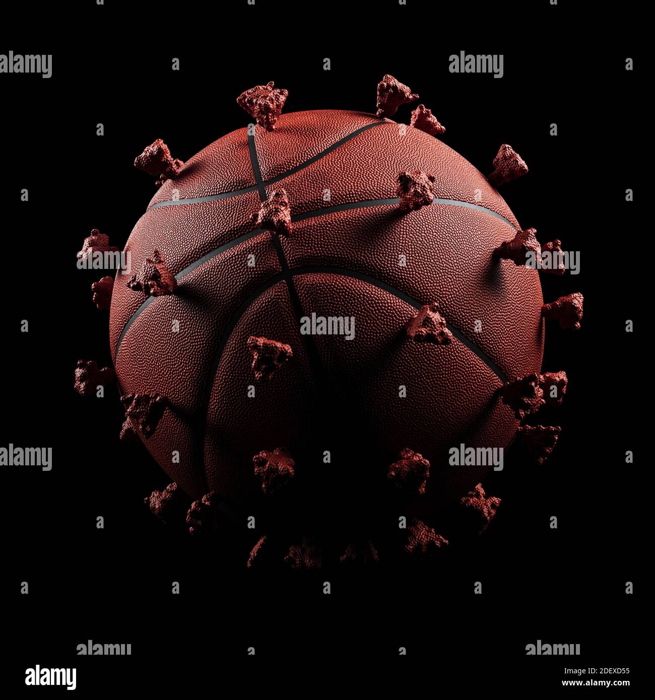Basketball ball infected with corona virus COVID19 on a black ...