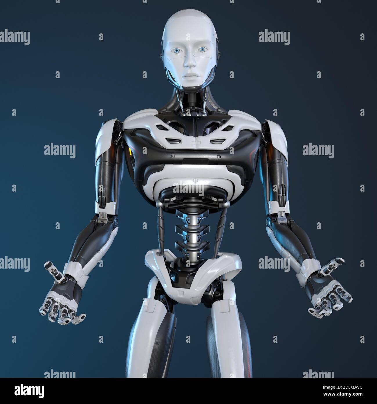 Robot android posing on a dark background. 3D illustration Stock Photo ...