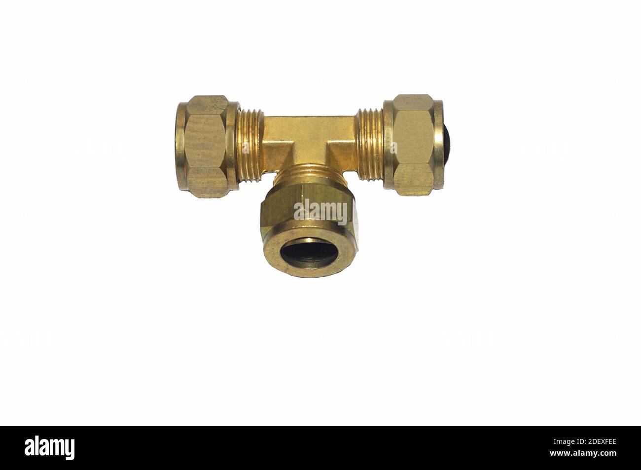 Close-Up a brass pipe three way connections Stock Photo - Alamy
