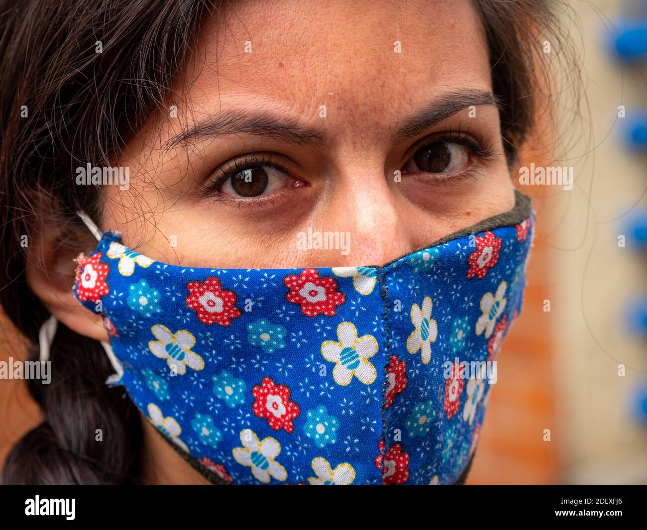 Young Brown Hair Hispanic/Latin Woman Wearing Face Mask for Cough, Flu ...