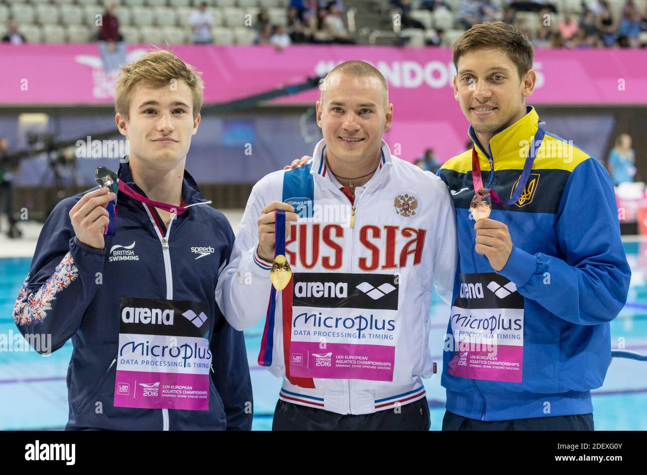 Jack Laugher, UK, Evgeny Cuznetsov, Russia, Ilya Kvasha, Ukraine (l-to ...