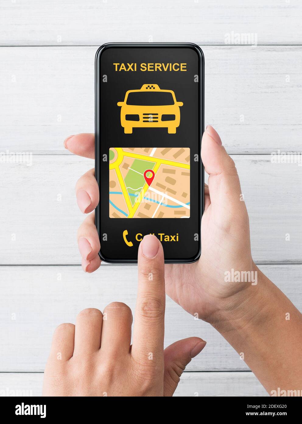 Female hand holding smartphone with taxi app interface Stock Photo - Alamy