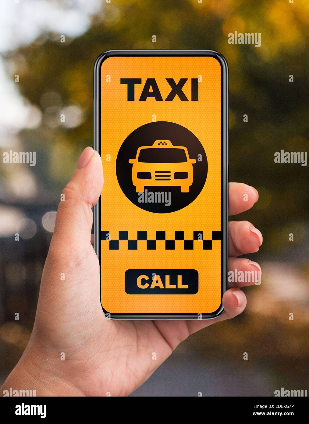 Woman holding smartphone with taxi app interface Stock Photo - Alamy
