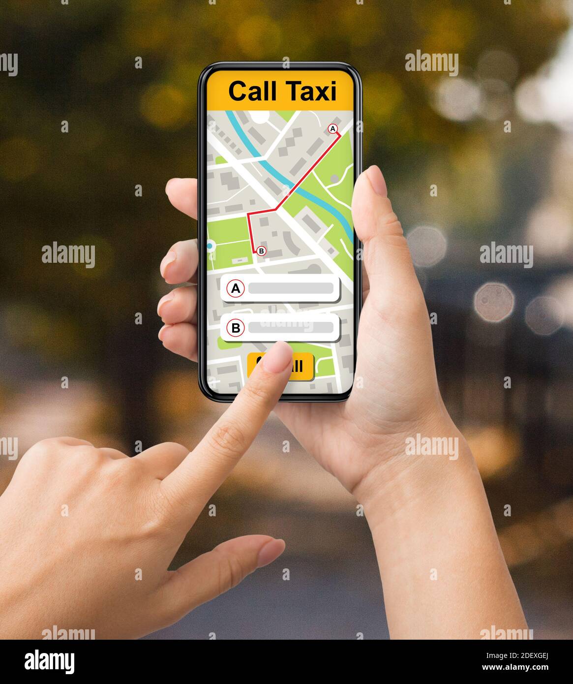 Lady holding smartphone with taxi app interface Stock Photo - Alamy
