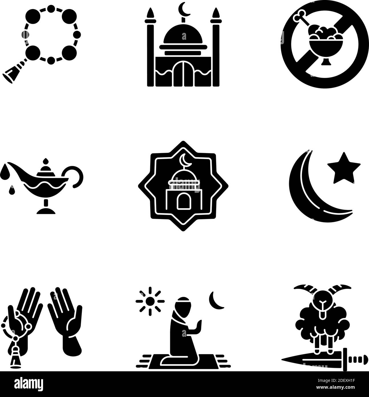 Muslim religious traditions black glyph icons set on white space Stock ...