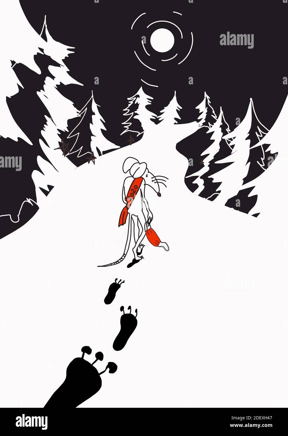 A sad rat, a symbol of the year with a protective mask, walks away ...