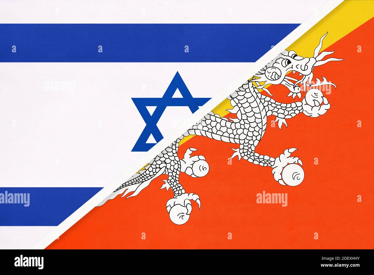 Israel and Bhutan, national flags from textile. Relationship ...