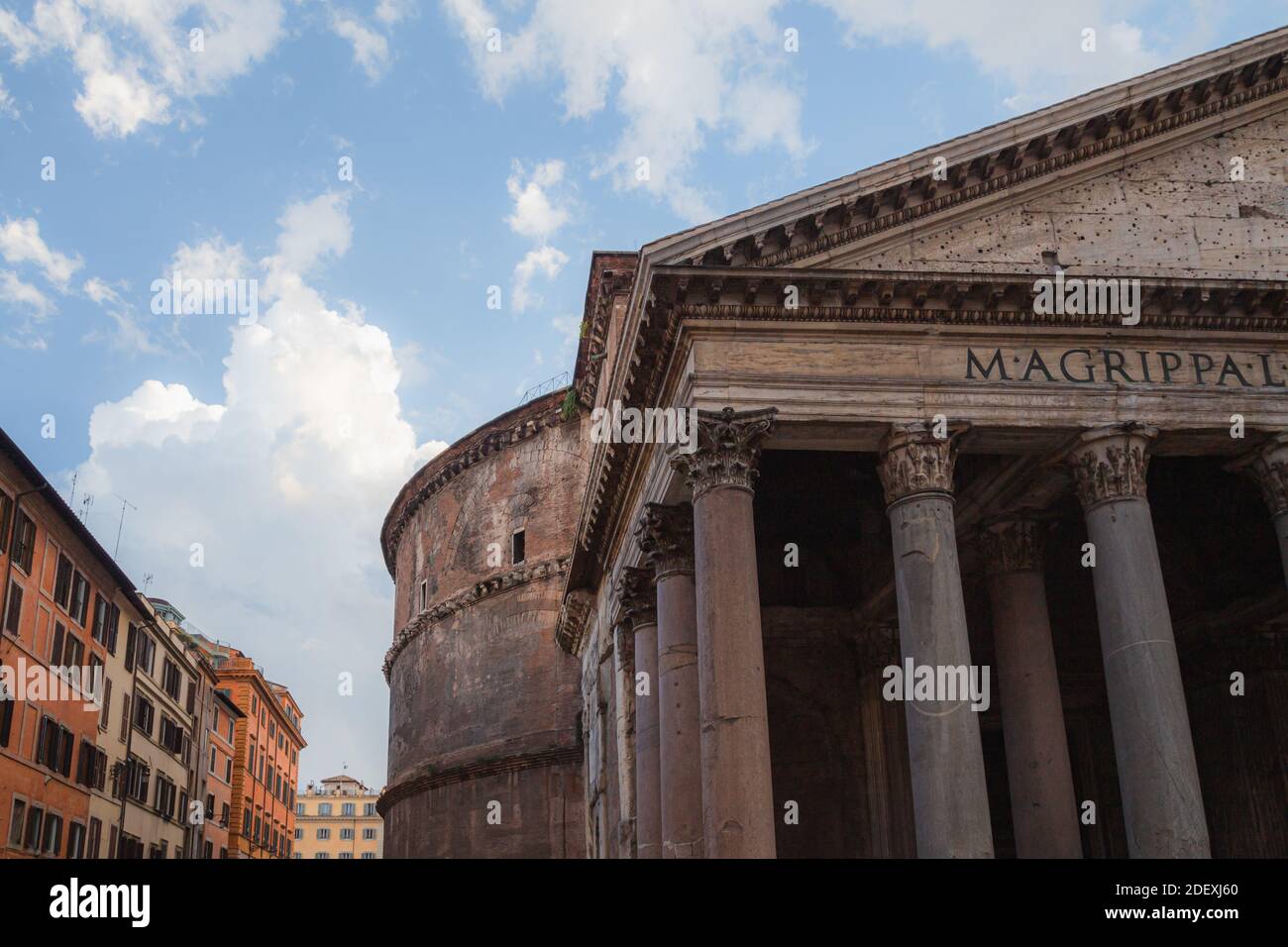A unique close up and angled perspective of the Roman Pantheon in Rome ...