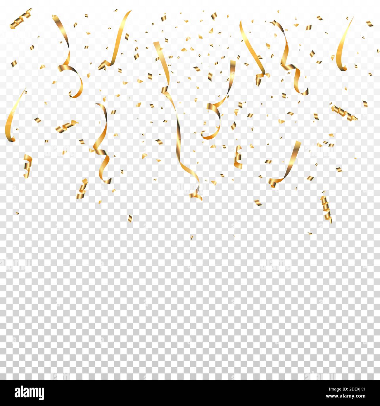 Gold confetti falling on transparent background. Birthday party or Christmas celebration event ...