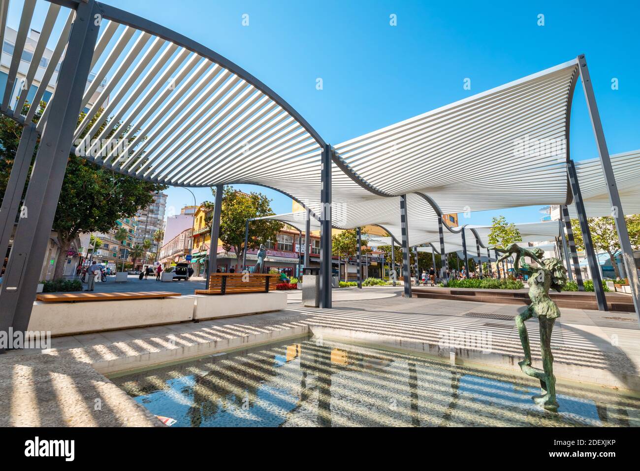 Modern sun shades above the Costa del Sol square. Torremolinos ...
