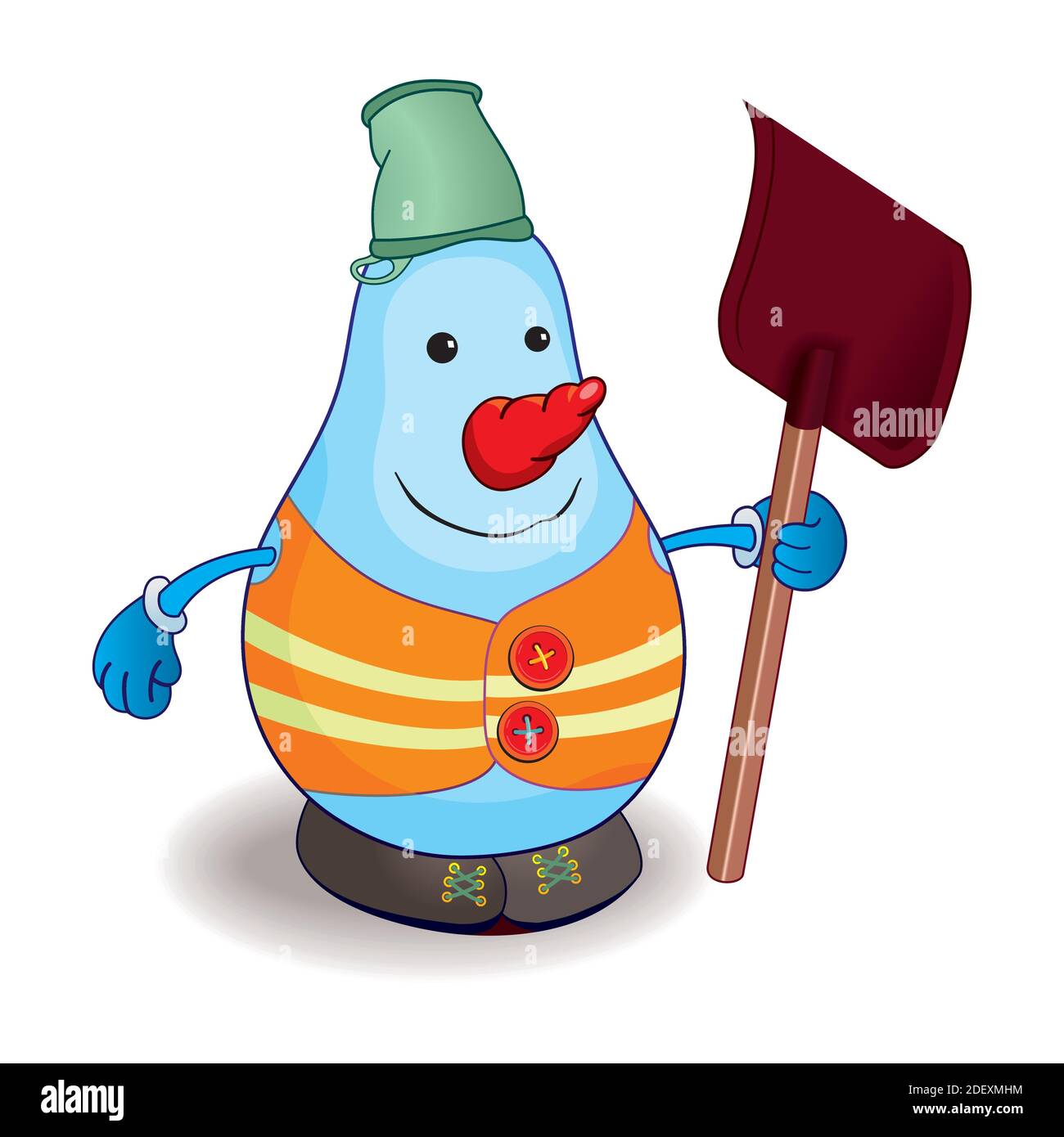 Happy snowman. Winter fairytale. Snowman dressed as a road construction ...