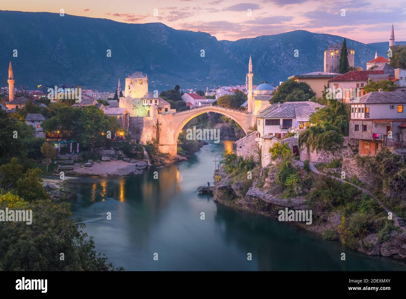 Lovely sunset view of Star Most and the Neretva River in Mostar, Bosnia ...