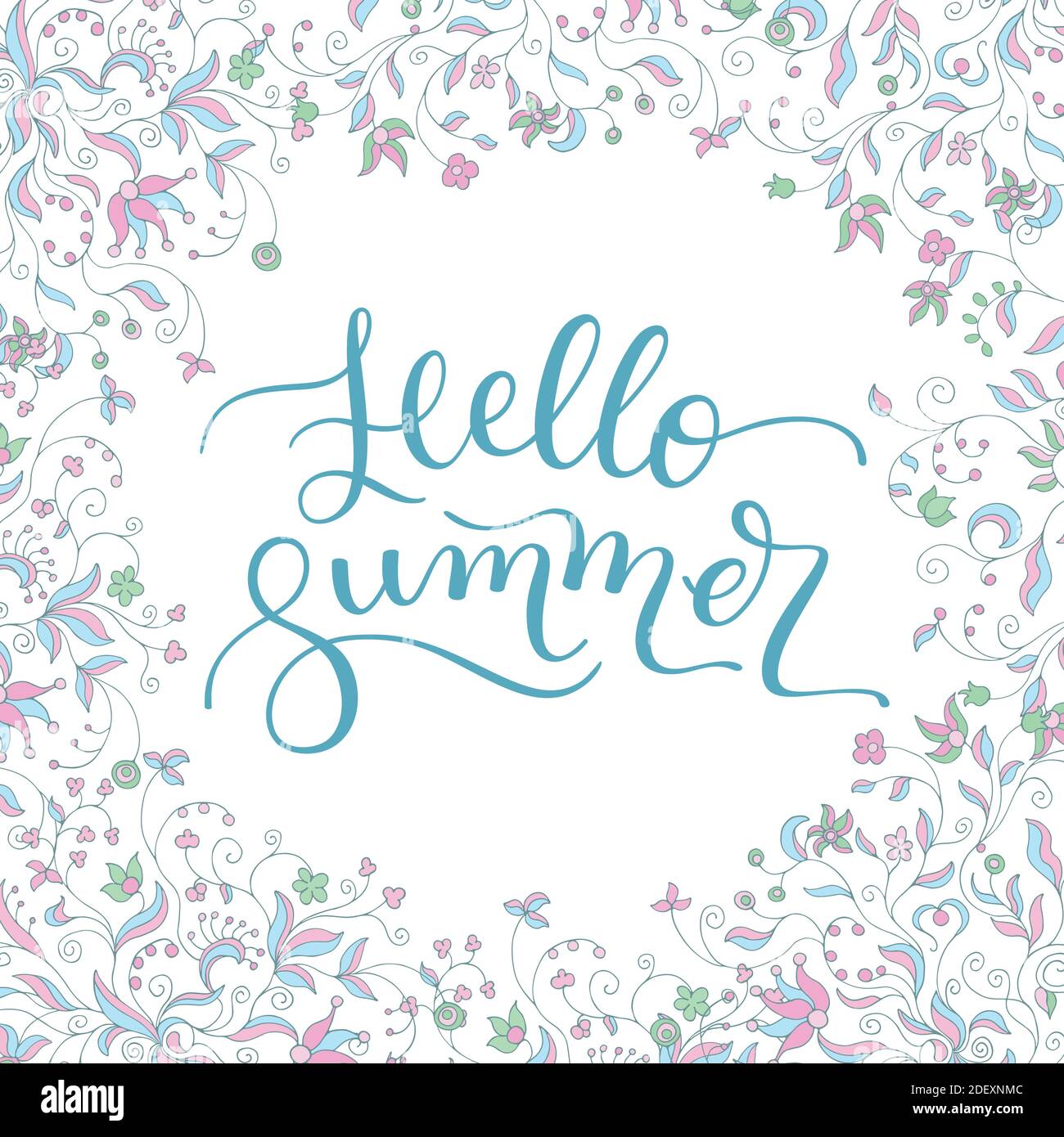 Floral frame and hand lettering Hello Summer. Template for greeting ...