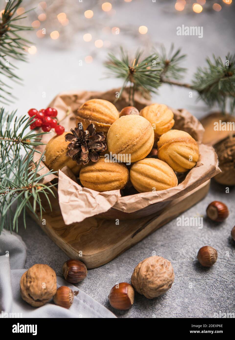 Chriatmas food. Shortbread russian walnut shaped cookies Oreshki with ...