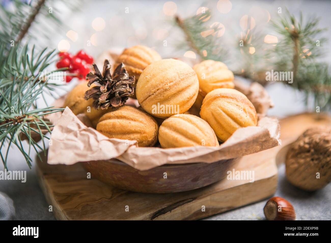 Chriatmas food. Shortbread russian walnut shaped cookies Oreshki with ...