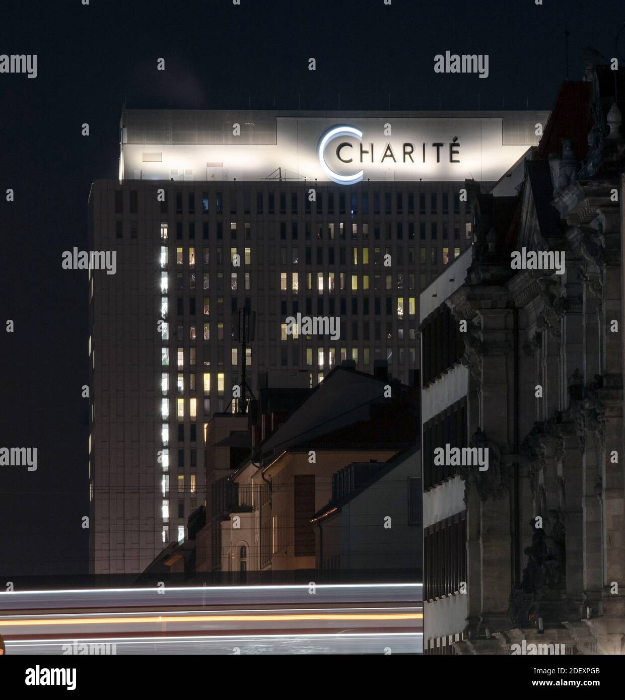 Berlin, Germany. 30th Nov, 2020. The Charité logo shines brightly on ...