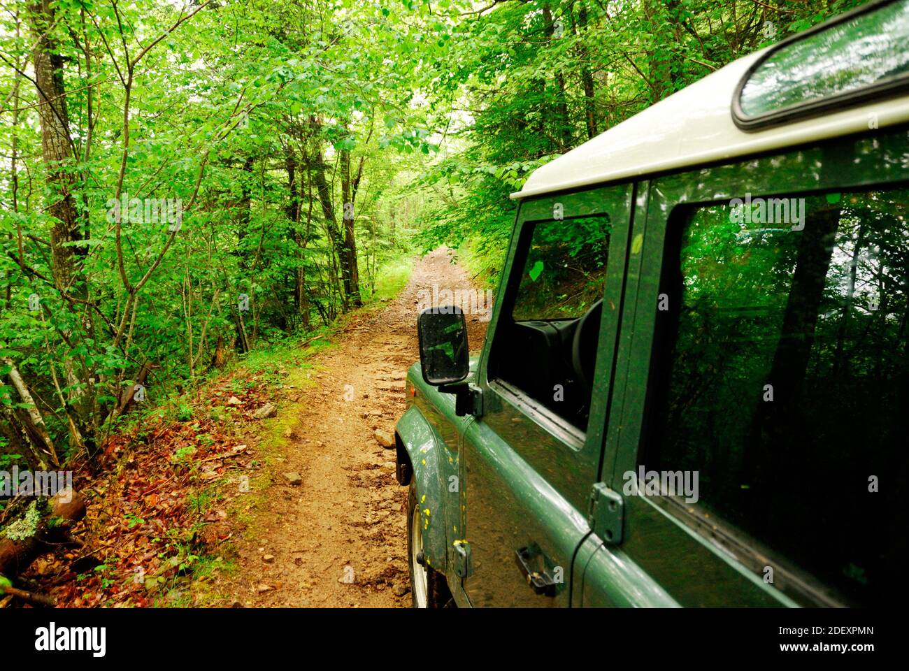 Close-up view at left side of driving off-road four wheel drive vehicle ...