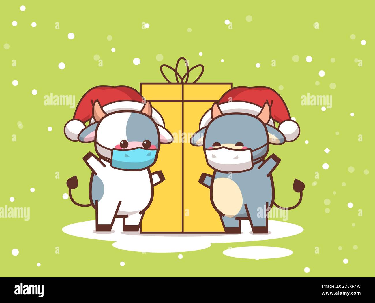 little oxes in masks standing near gift box happy new year holidays ...