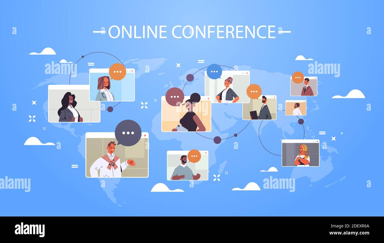 businesspeople in web browser windows discussing during corporate ...