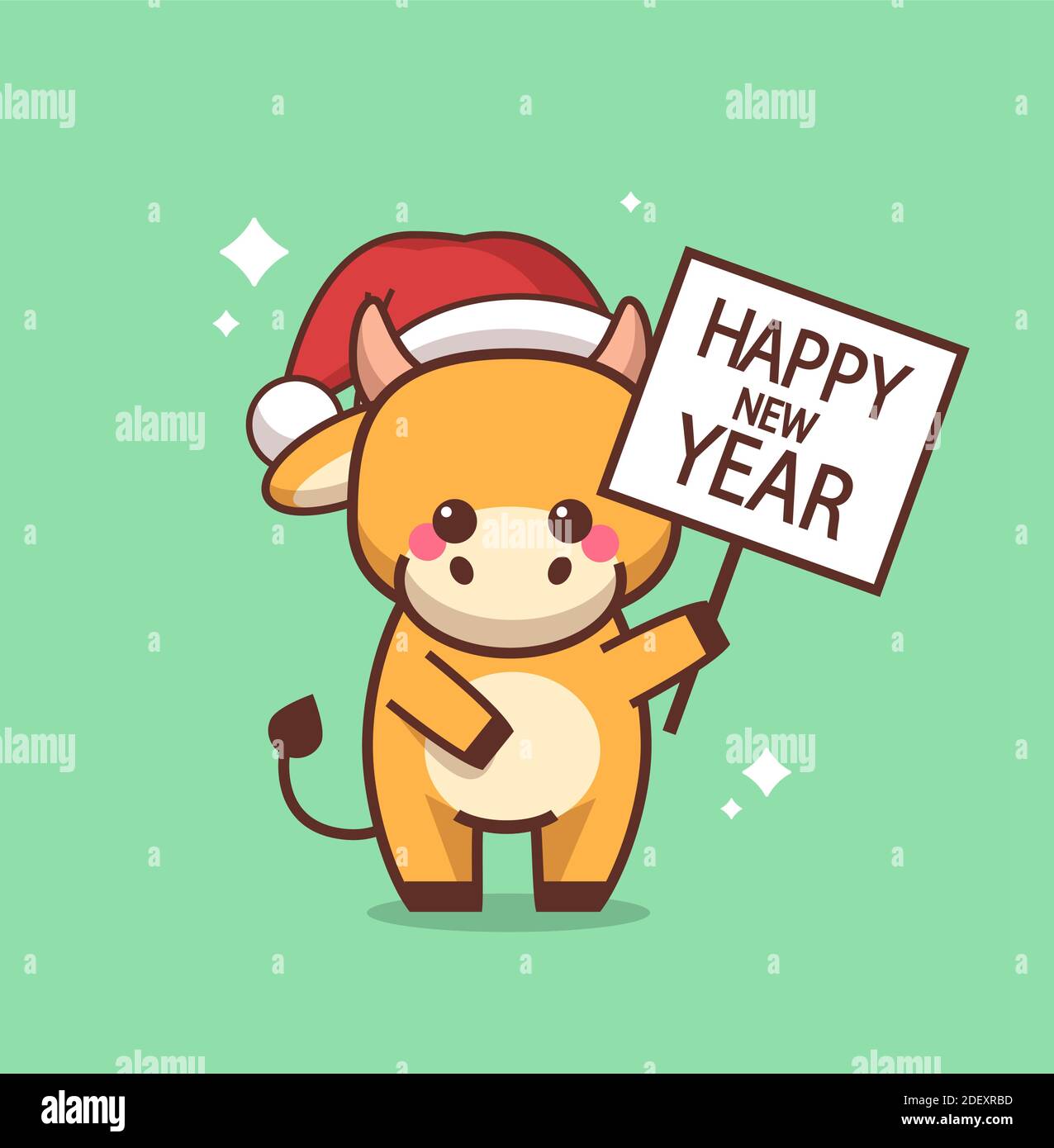 little ox in santa hat holding happy new year banner 2021 greeting card ...