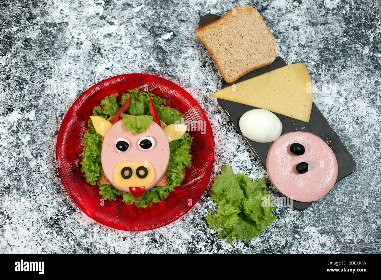 symbol of the year 2021 bull cow. New Year's table setting. Funny ...