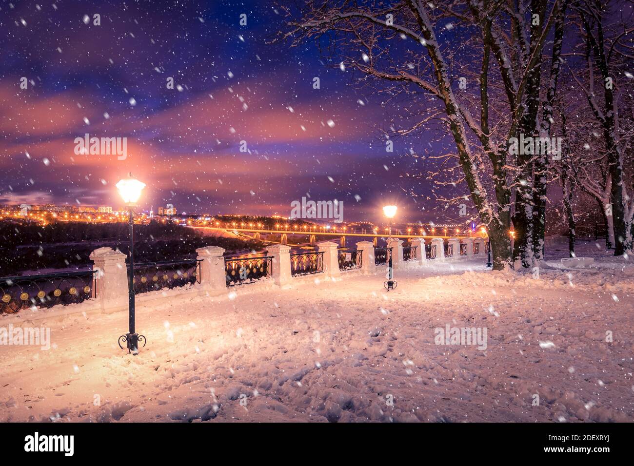 Winter night park with lanterns, pavement and trees covered with snow ...
