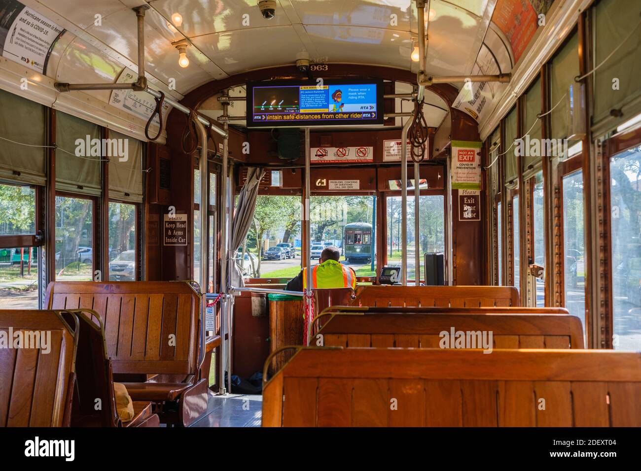 NEW ORLEANS, LA - NOVEMBER 20, 2020: Interior of streetcar on the St ...