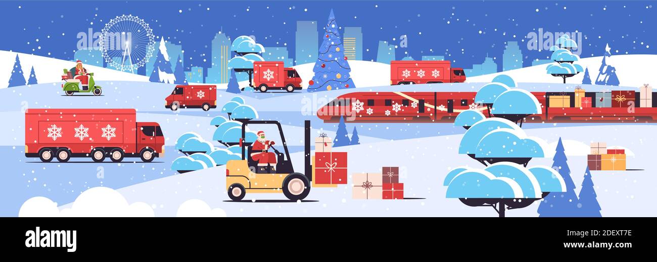 different transport delivering gifts merry christmas new year holidays ...