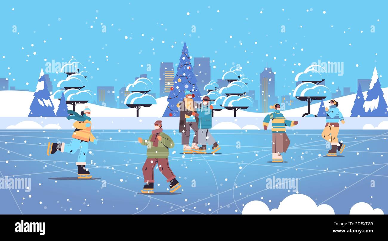 people in mask skating on ice rink mix race men women having winter fun ...