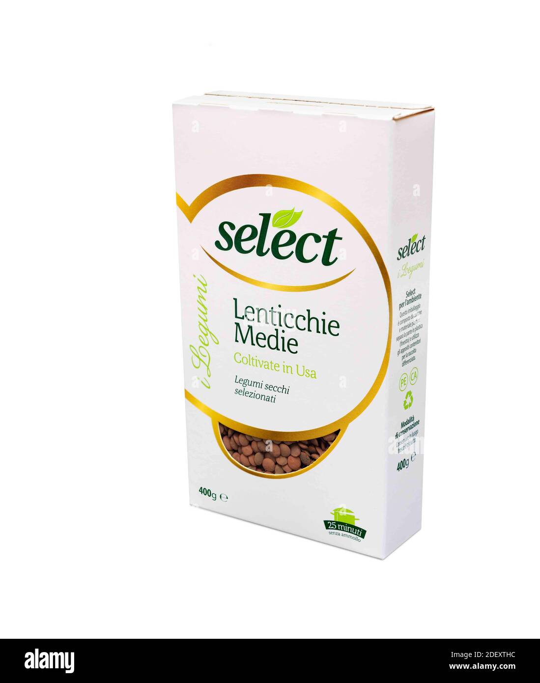Italy - October 2020:Select brand dried lentils pack 400 g illustrative ...
