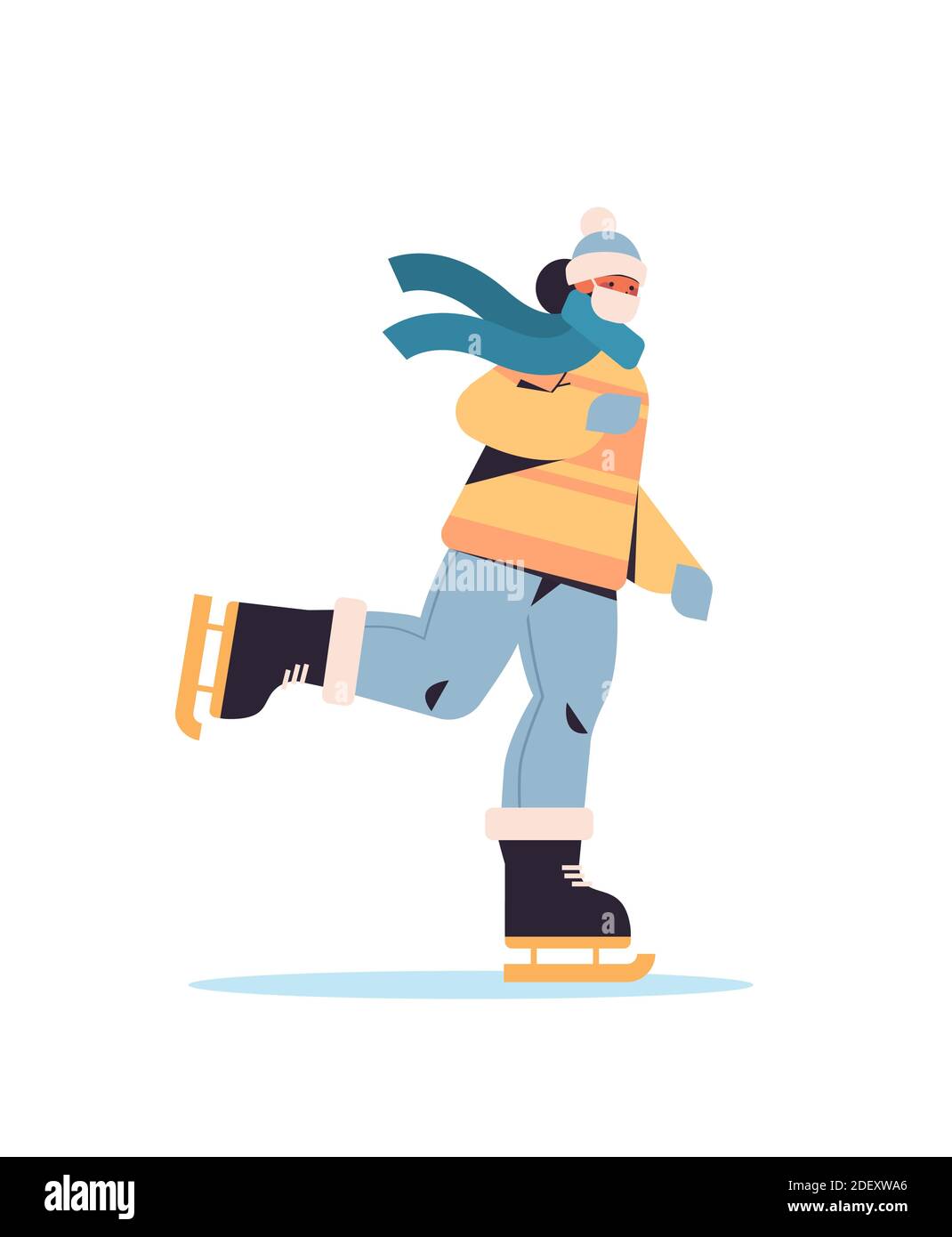 woman in mask skating on ice rink girl having winter fun outdoors ...