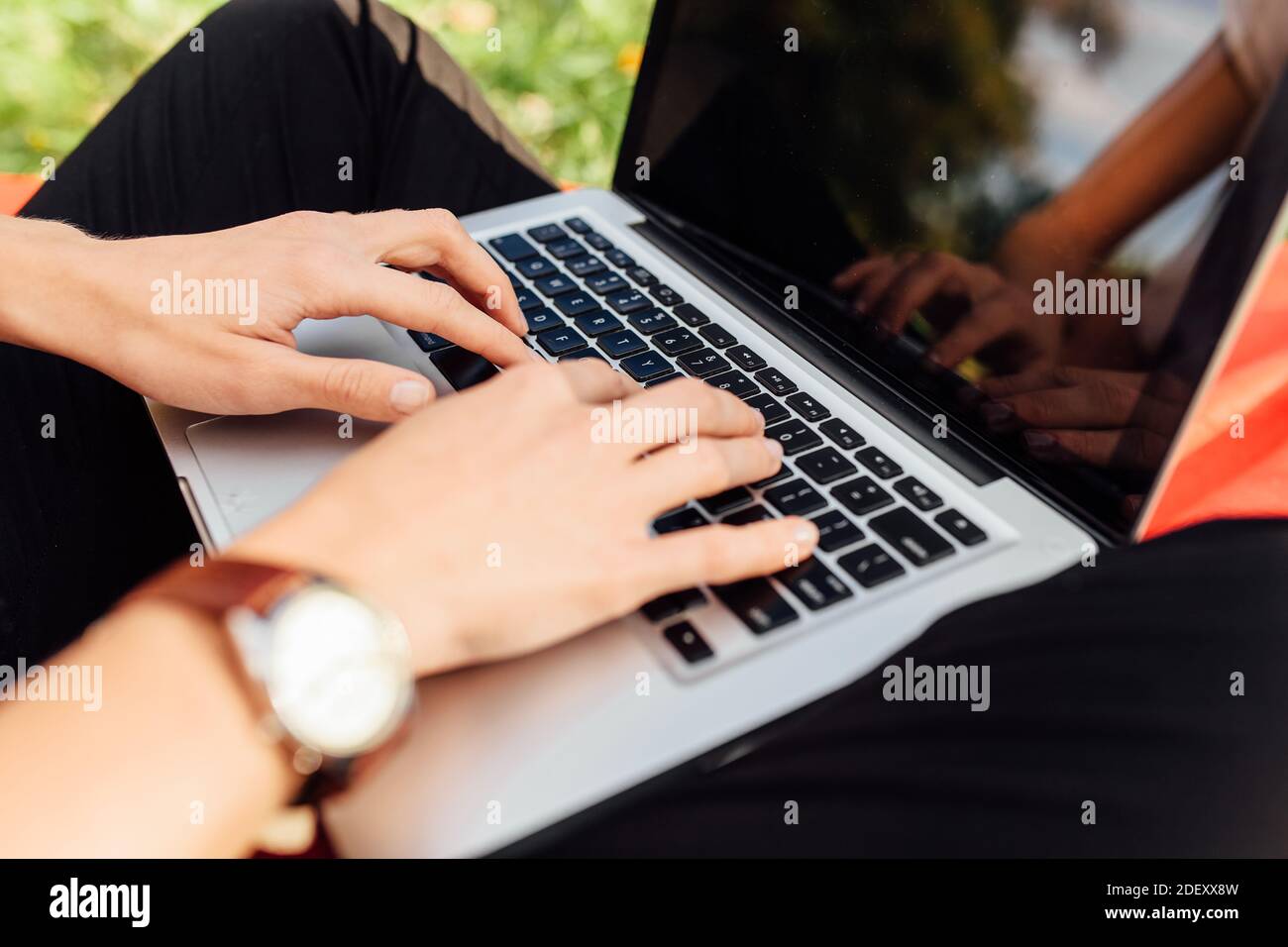 Close-up image of hands, fingers, typing on the keyboard text Stock ...