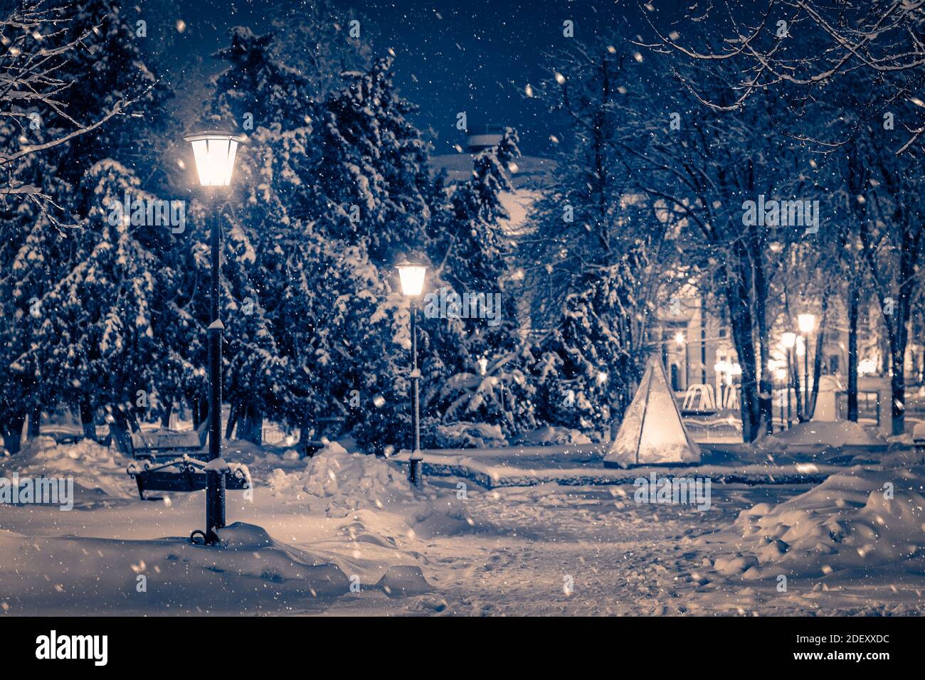 Winter night park with lanterns, fountain, pavement and trees covered ...